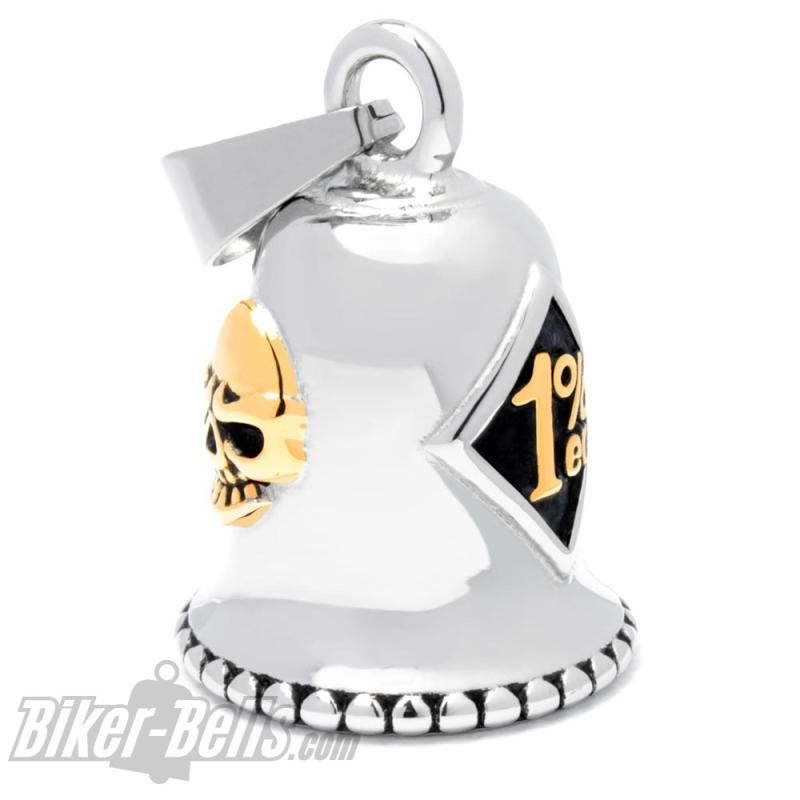 Massive Biker-Bell aus Edelstahl mit goldenem 1%er - Biker-Bells.com